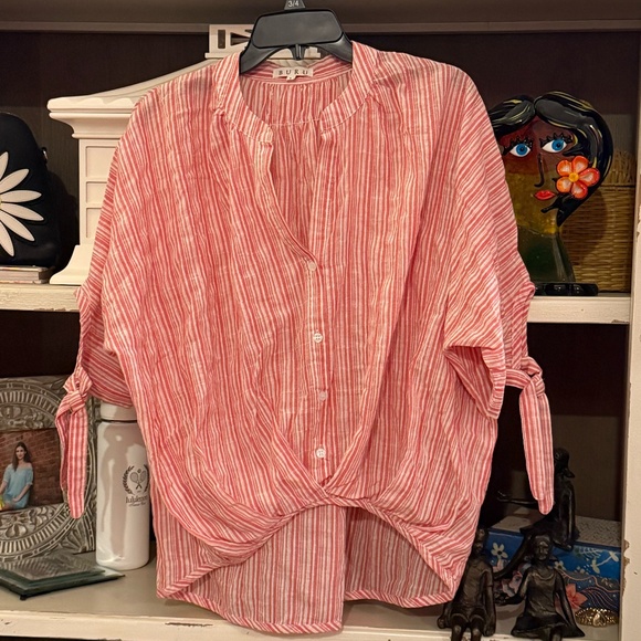 Buru | Tops | Buru Red Striped Blouse Tie Cuff High Front Small S ...